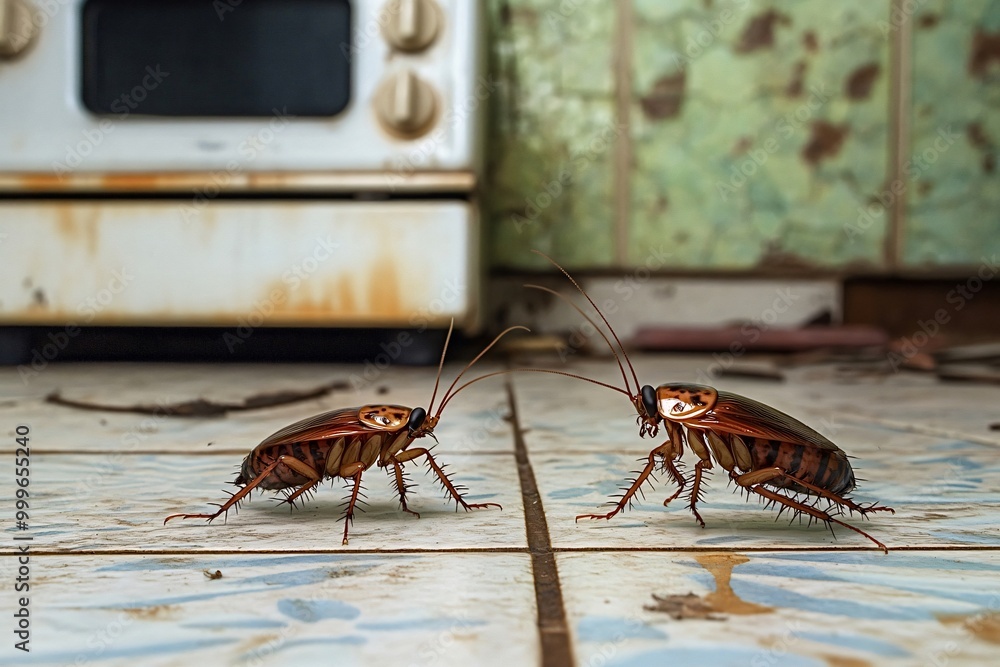 Two cockroaches are standing on a dirty kitchen floor in front of an ...