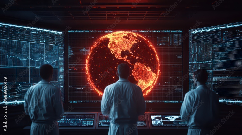 Scientists observe a digital representation of Earth amid data screens ...