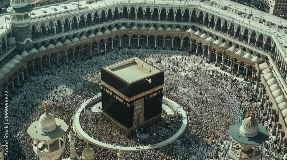 Photography of the Kaaba building in Mecca from above, a holy site for ...