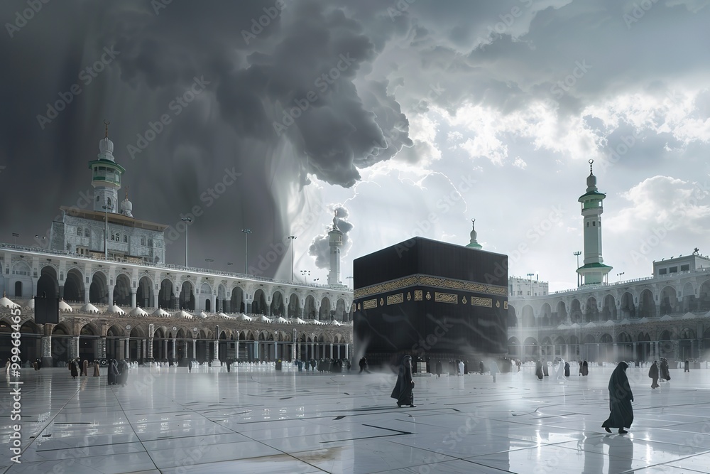 Painting. Drawing of the Kaaba prayer in Mecca, back view. Holy place ...