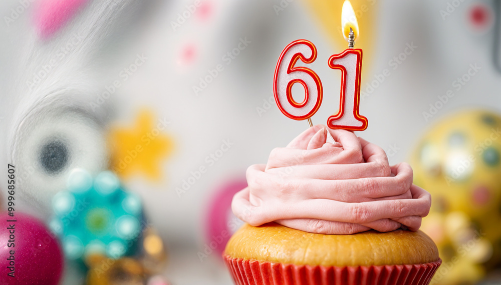 Birthday cupcake with burning lit candle with number 61. Number sixty ...
