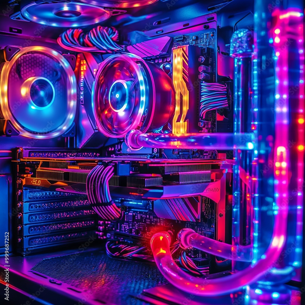 Close-up and inside high performance Desktop PC and water cooling ...