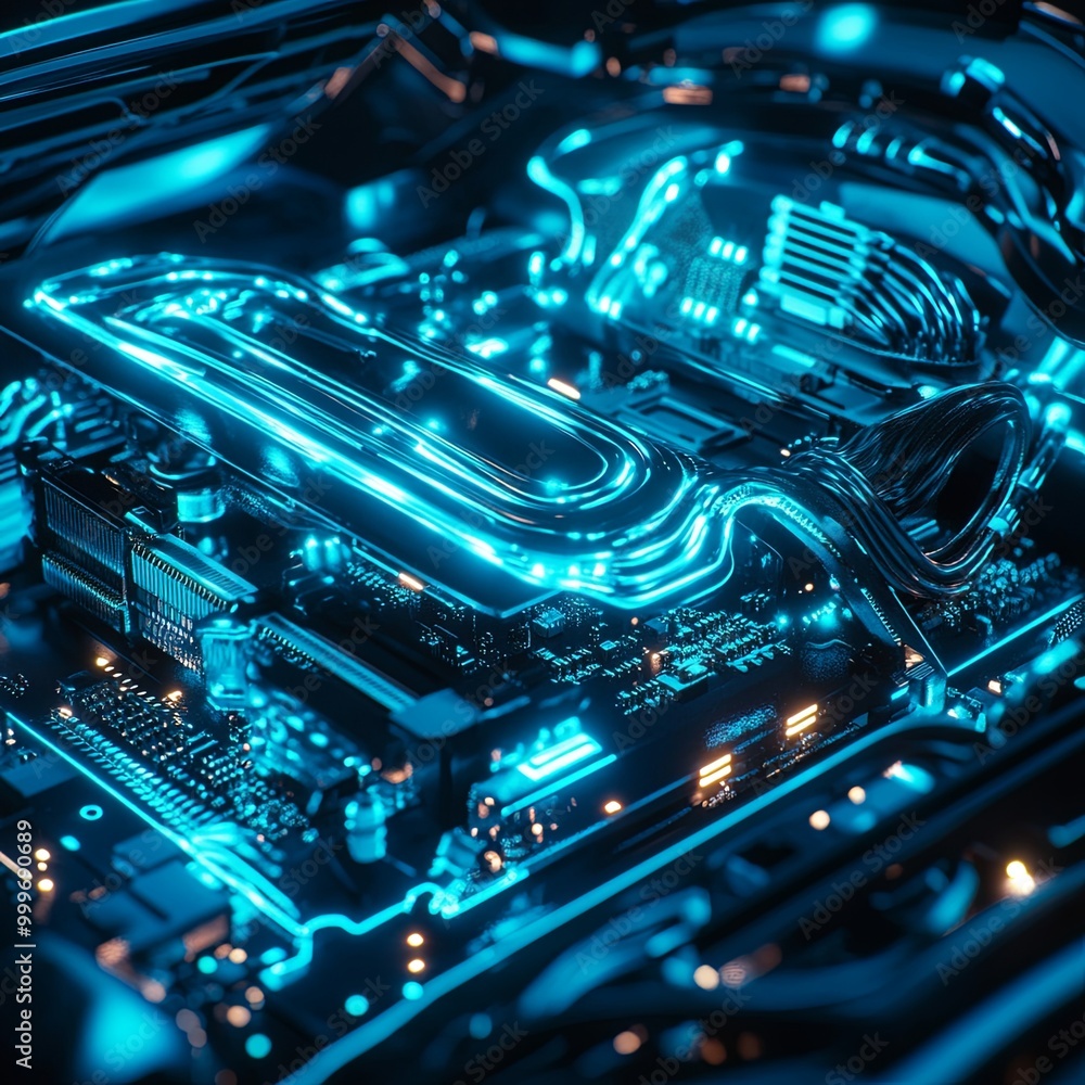 Inside Computer with blue neon glowing light around CPU , RAM , and ...