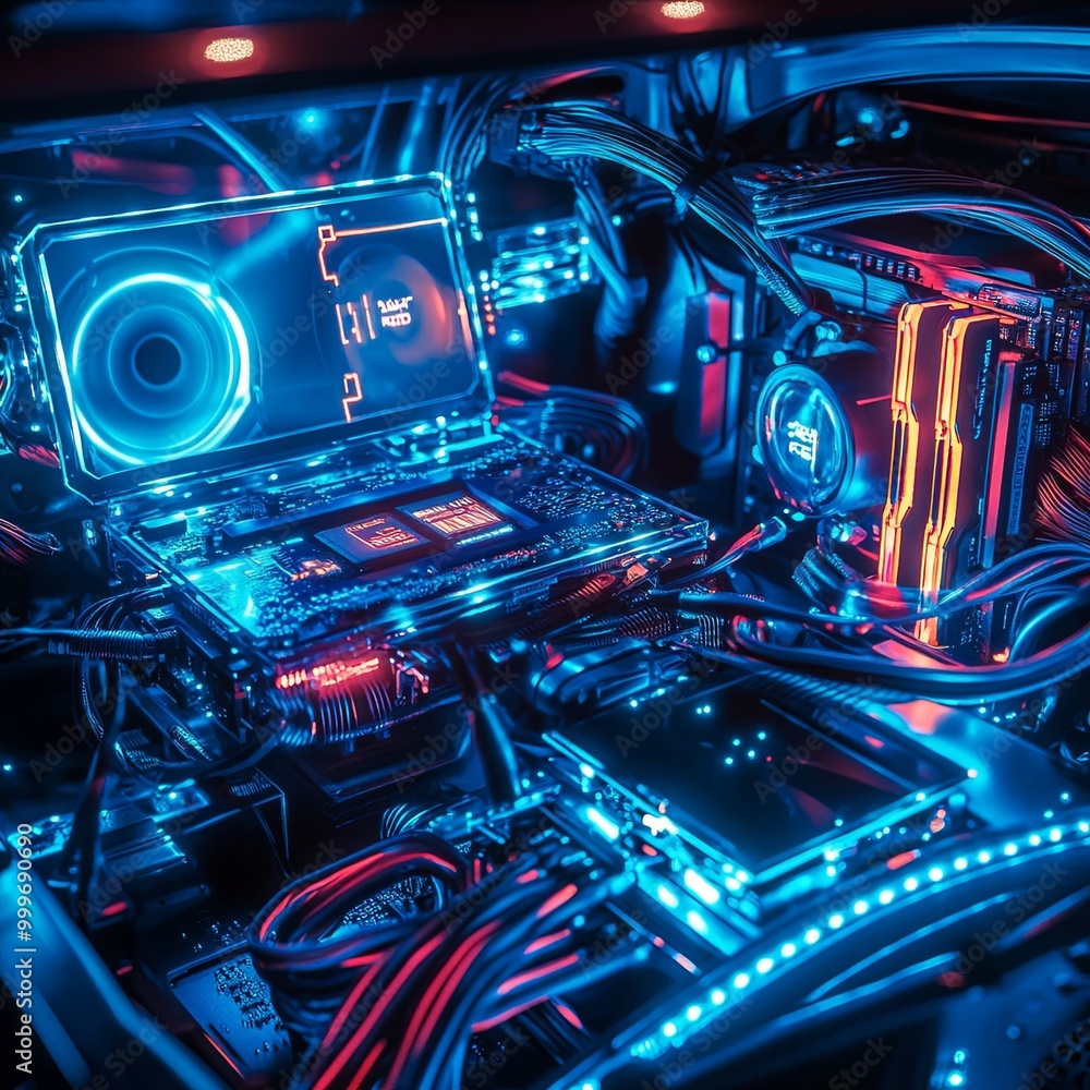 Inside Computer with blue neon glowing light around CPU , RAM , and ...
