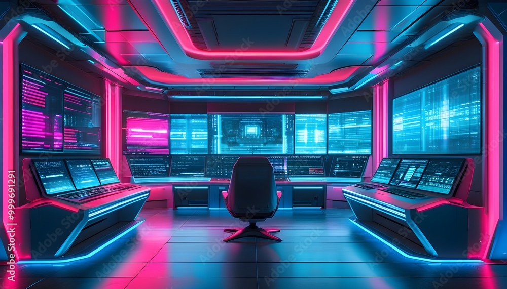 Futuristic control room illuminated by glowing screens and vivid blue ...