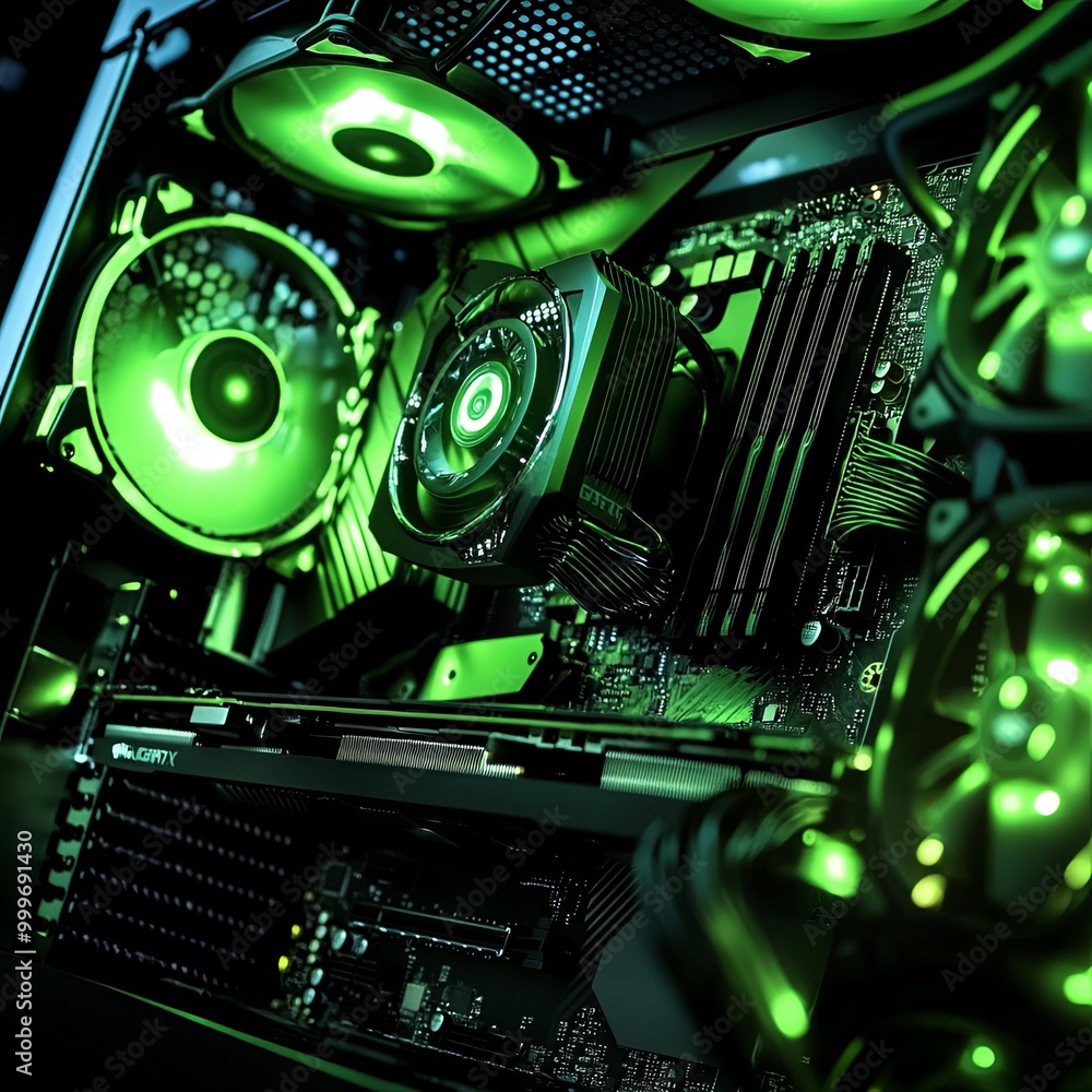 NVidia GeForce RTX 3080 graphics card inside the gaming PC tower. GPU ...