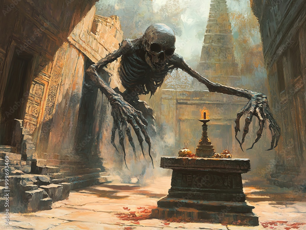 Spooky ancient temple with eerie skeleton apparition hovering over an ...
