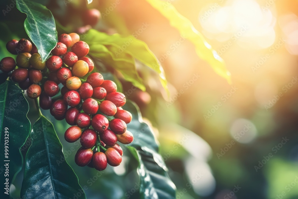 Ripe Red coffee bean berry plant fresh seed coffee tree growth in green ...