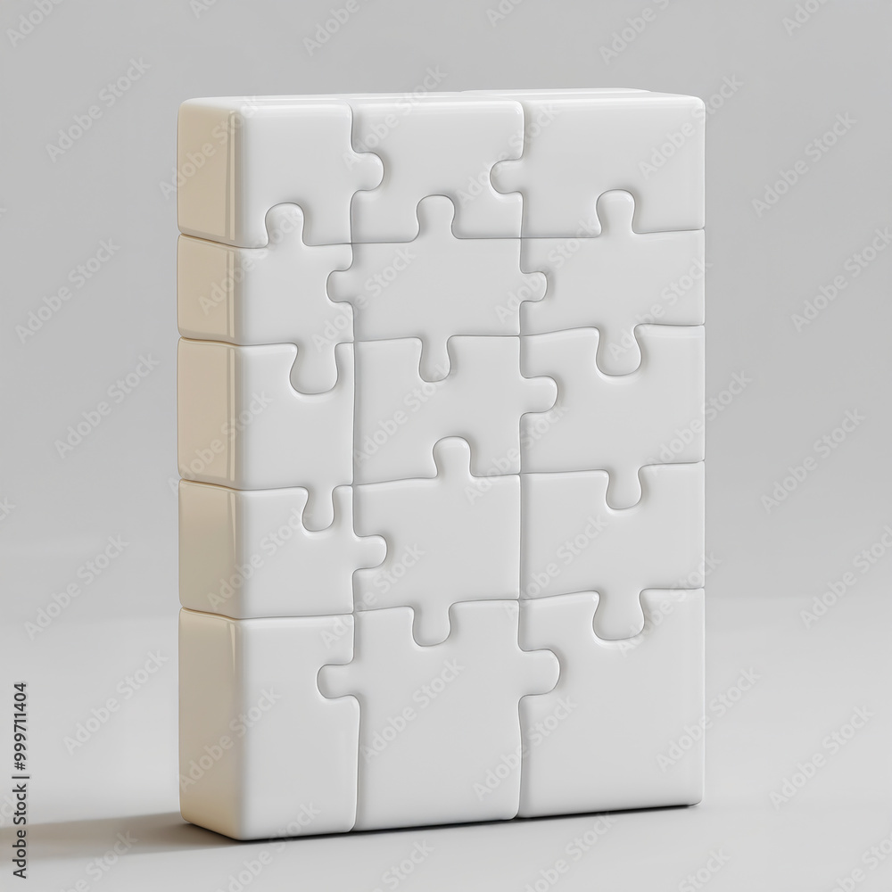 mock-up, white rectangular cube box, composed of jigsaw puzzle pieces ...