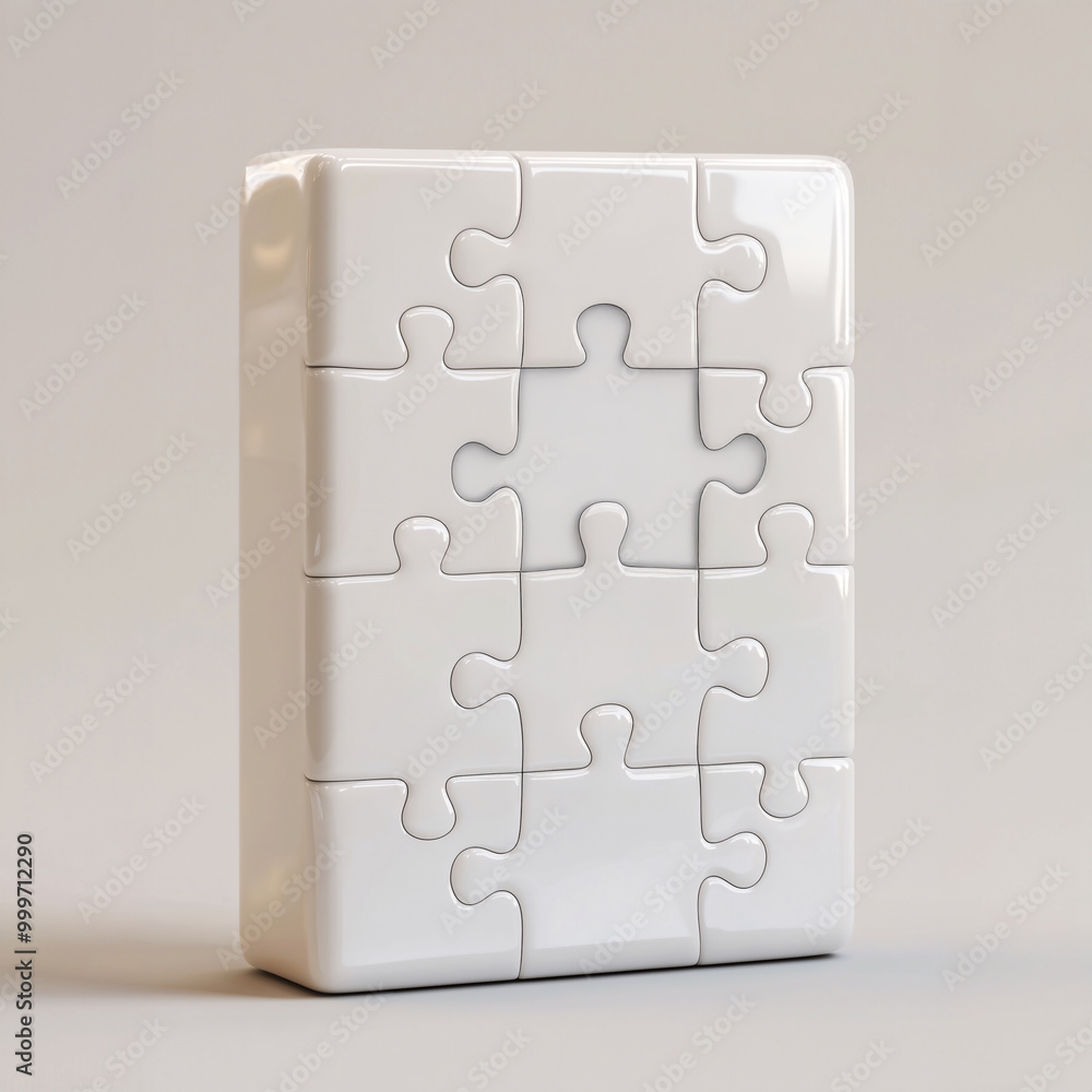 Mock-up, glossy, white rectangular cube box, composed of jigsaw puzzle ...