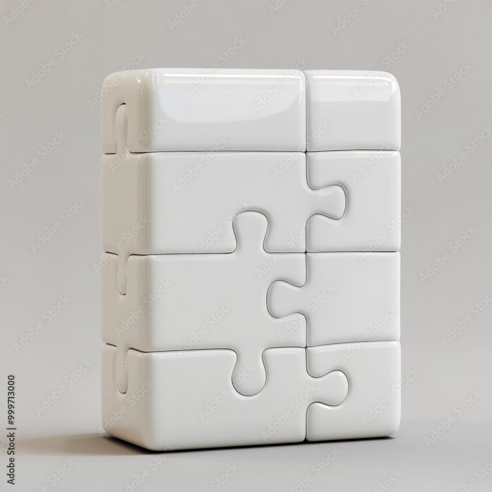 mock-up, white rectangular cube box, composed of jigsaw puzzle pieces ...