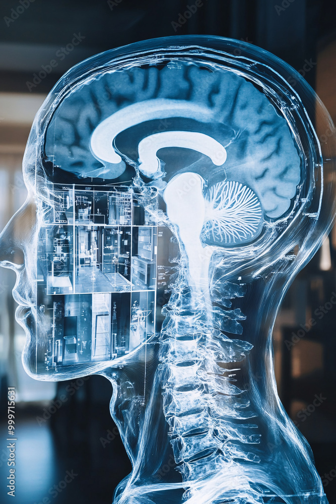 Creative x-ray-style illustration of a human head with architectural ...