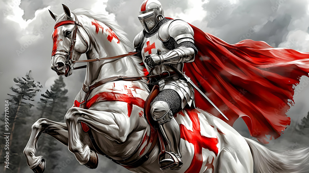 A valiant knight in full armor rides a white steed, his red cape ...