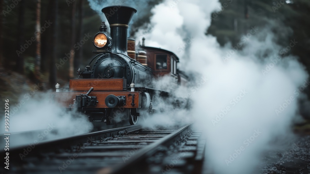 A classic steam locomotive is seen releasing thick steam as it travels ...