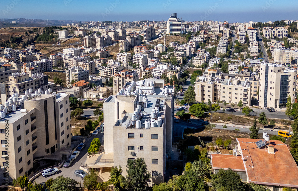 Aerial view of buildings near the downtown sector of Ramallah, capital ...