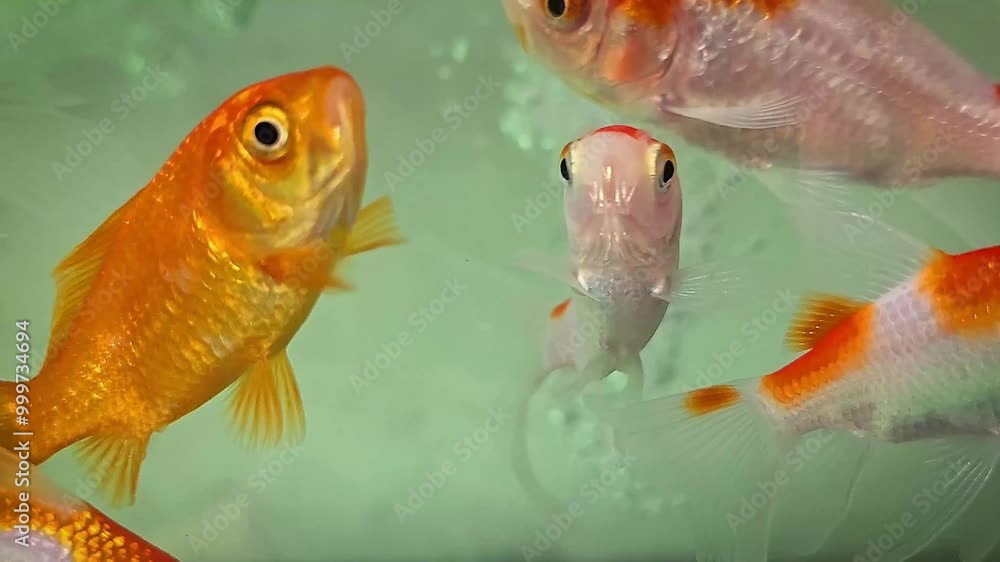 Carassius auratus auratus or a common gold fish white, red and orange ...