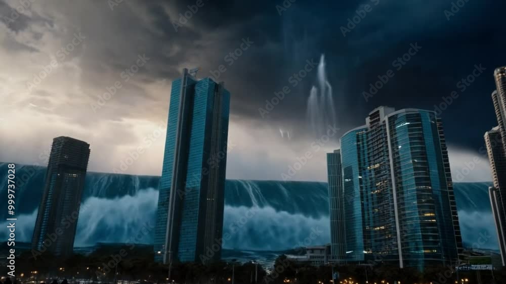 Tsunami Wave Approaching City Skyline. Disaster Concept. Large tsunami ...
