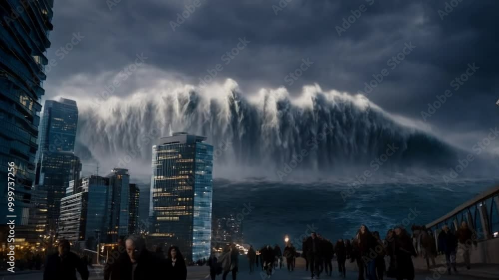 Tsunami Wave Approaching City Skyline. Disaster Concept. Large tsunami ...