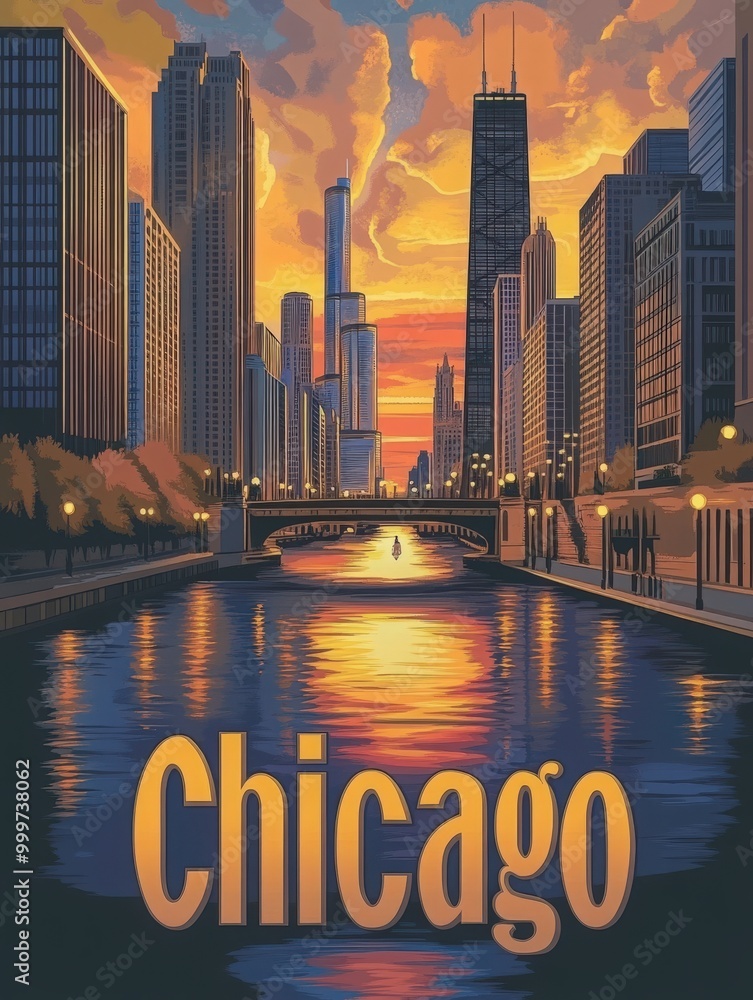 This travel poster showcases the iconic Chicago skyline at sunset ...
