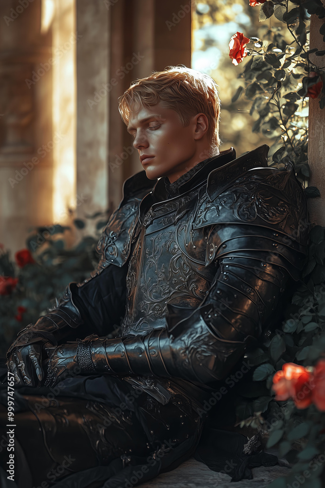 attractive male knight in black armor with short blonde hair lounging ...
