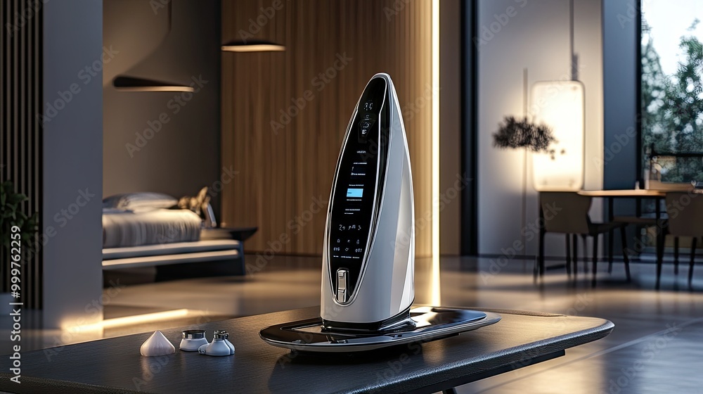 A high-tech electric iron with a digital display, placed on a sleek ...