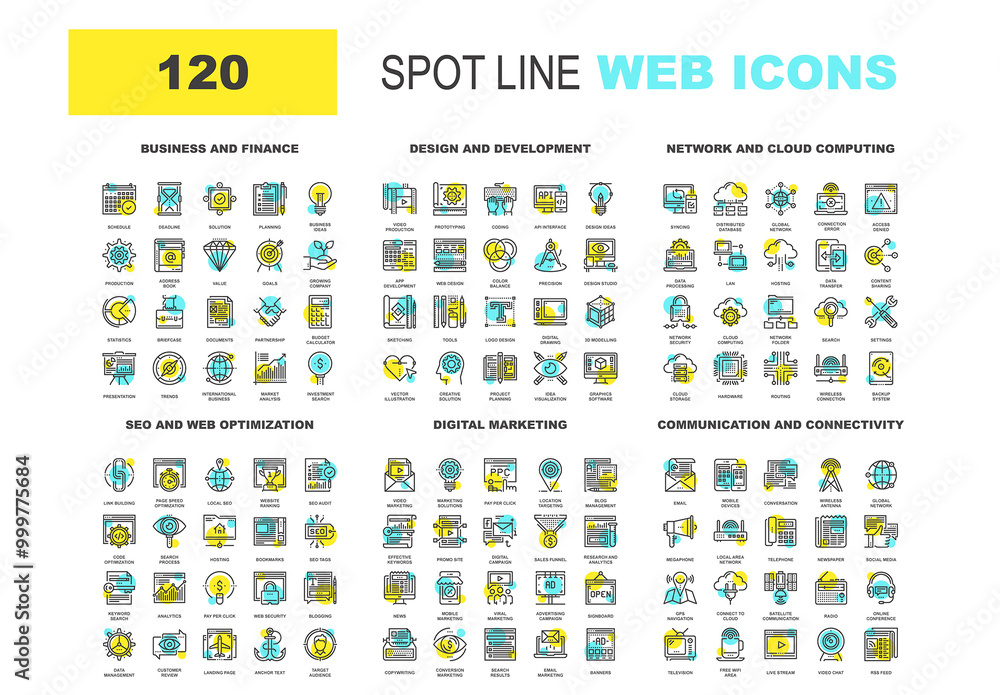 Vector set of 120 spot line web icons on following themes - business ...
