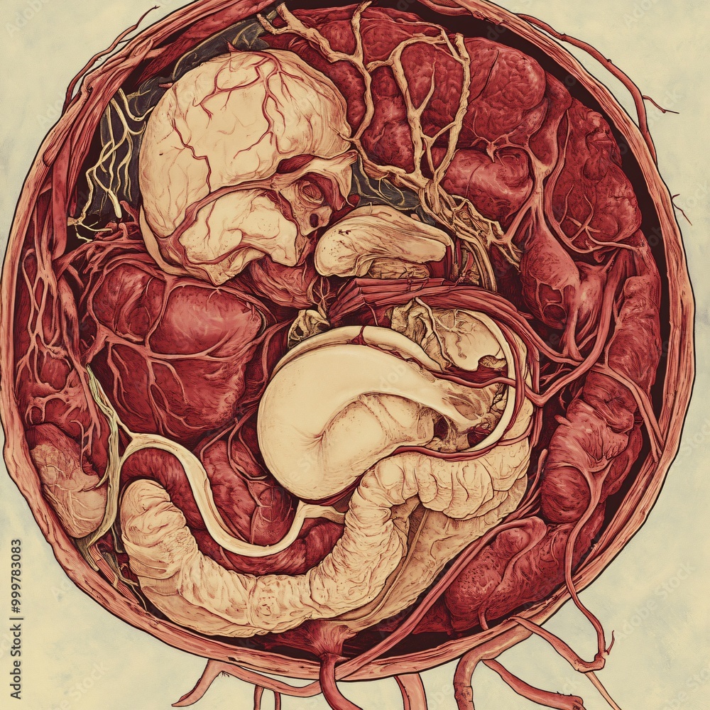 Detailed Illustration of Human Fetus in Utero Showing Umbilical Cord, Placenta, and Fetal ...