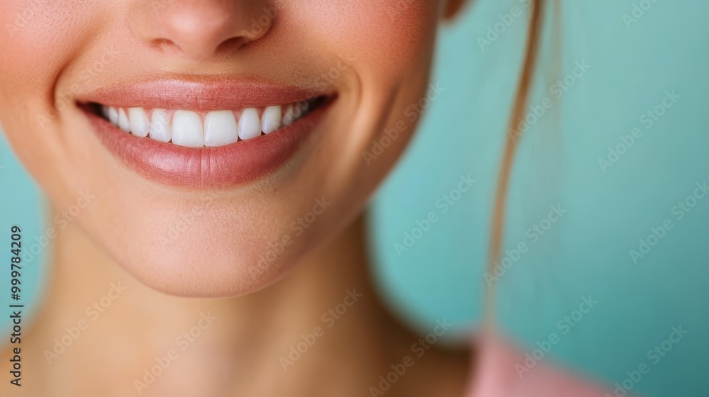 This close-up shot captures a smiling woman's face, with emphasis on ...