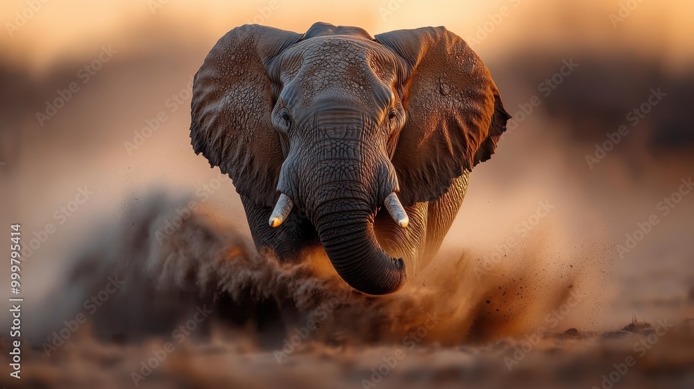 An intense and dynamic image of an elephant charging through the sand ...