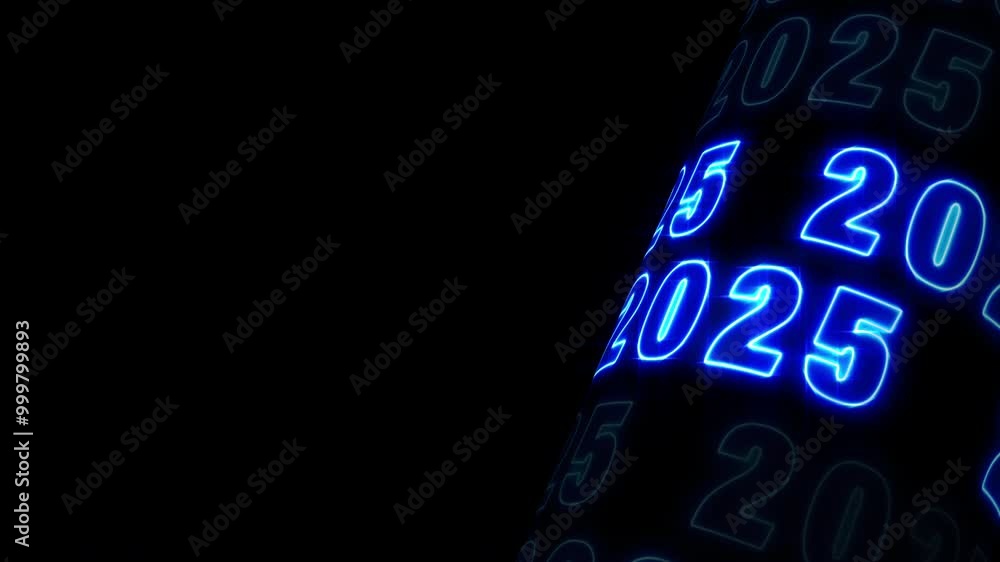 Loop 2025 3D tube blue neon text animation on black abstract background ...
