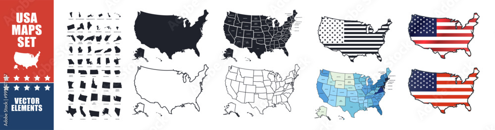 Set of USA maps with states. USA map isolated on transparent background ...