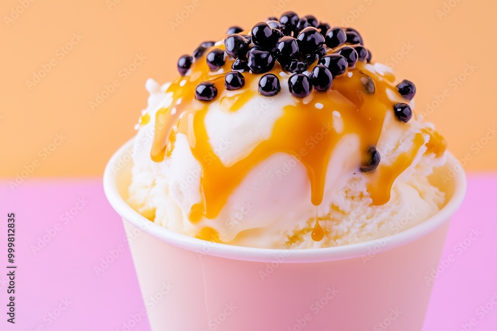 creamy vanilla ice cream topped with sweet black boba pearls, drizzled ...