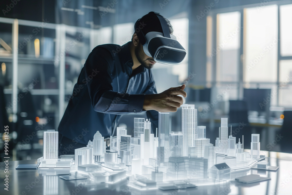 Architect using VR headset to design a detailed city model ...