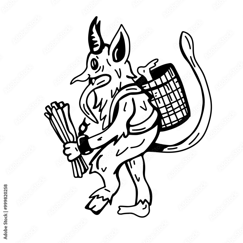 Hand-drawn black and white illustration of Krampus, a mythical folklore ...