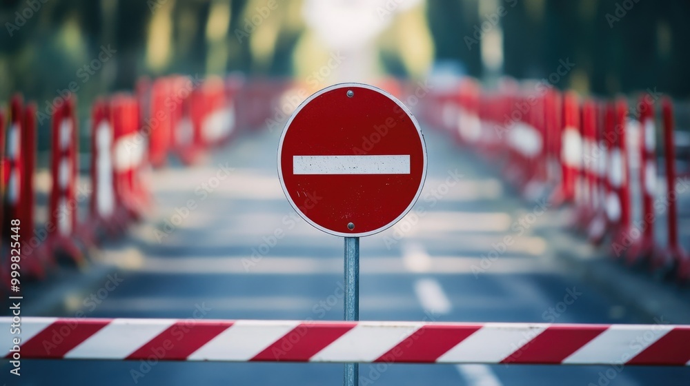 Cautionary stop sign on a road blocked by red and white barriers ...