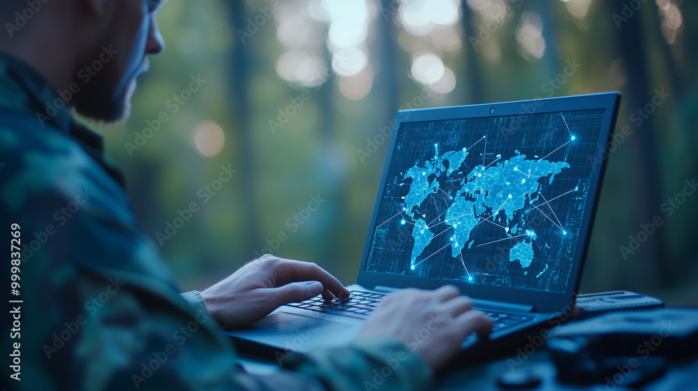 Military operative monitoring global communications on a rugged laptop ...