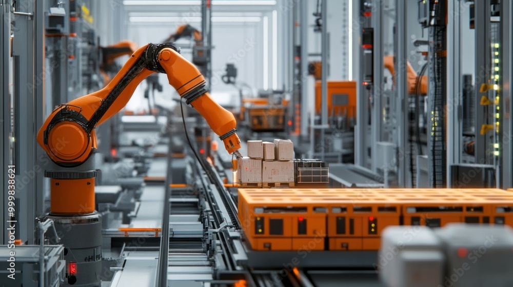 Assembly line machinery in action, featuring conveyor belts, robotic ...