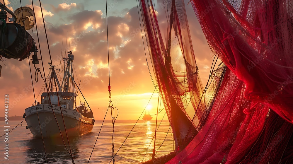 Large red nets and purse seine fishing boats with their fishing gear ...