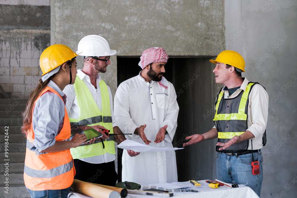 Construction industry workers, team of builders meeting, architect ...
