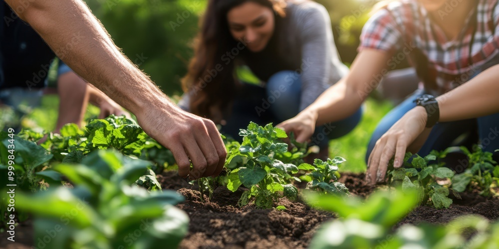 People working together in a garden, planting healthy crops and ...