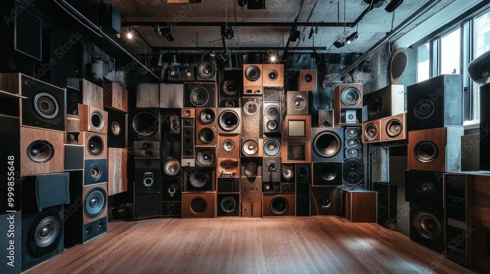 Sound art installation with speakers, microphones, and visual elements ...