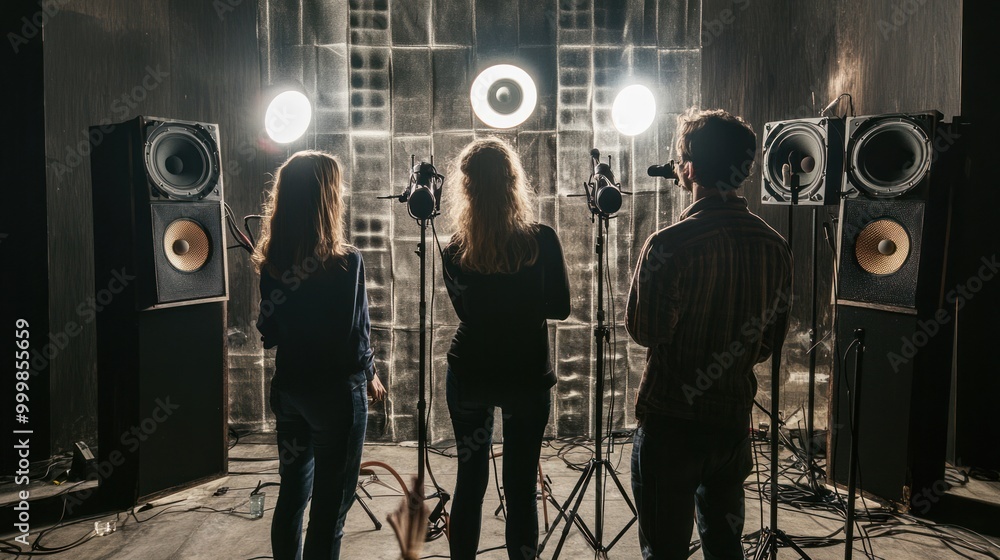 Sound art installation with speakers, microphones, and visual elements ...