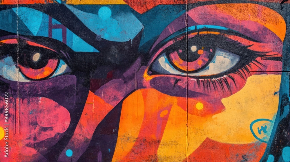 Street art mural on an urban wall, filled with graffiti tags, bold ...