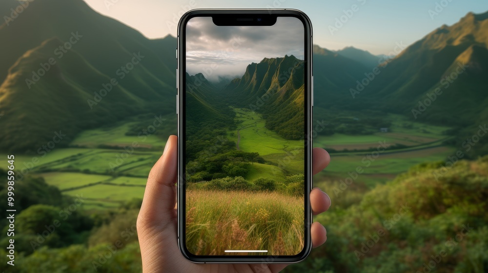 Explore the world a traveler s mobile phone displays stunning panoramic ...