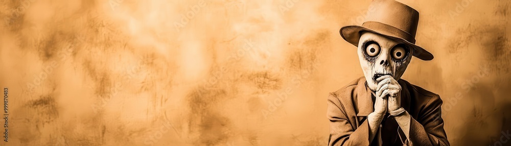 Creepy ventriloquist dummy costume, lifeless eyes, sitting in a dusty ...