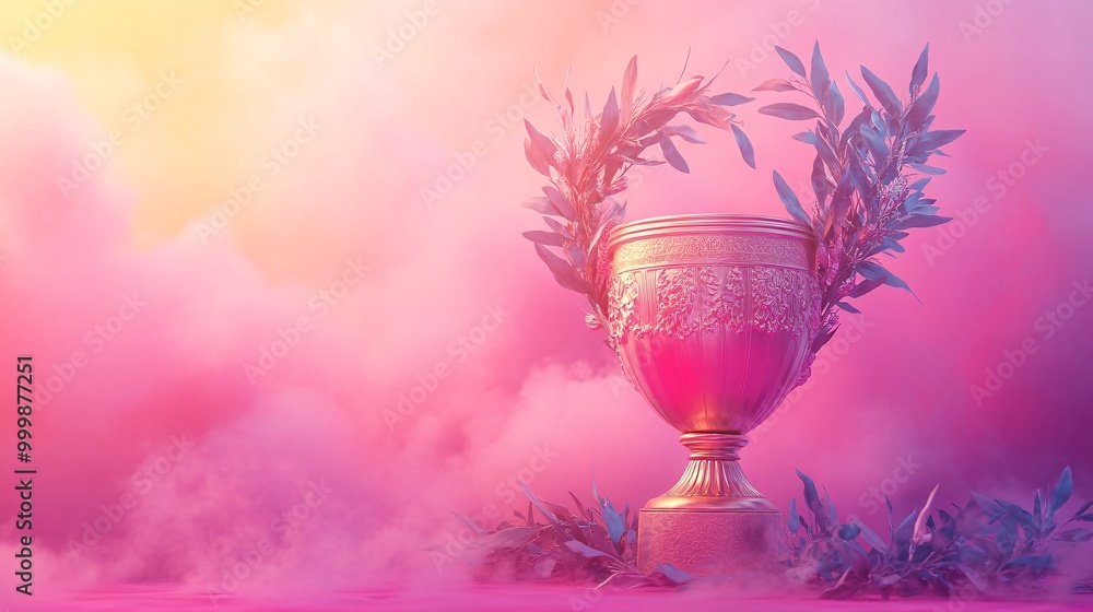 3D golden trophy with laurel wreaths floating in the air representing ...