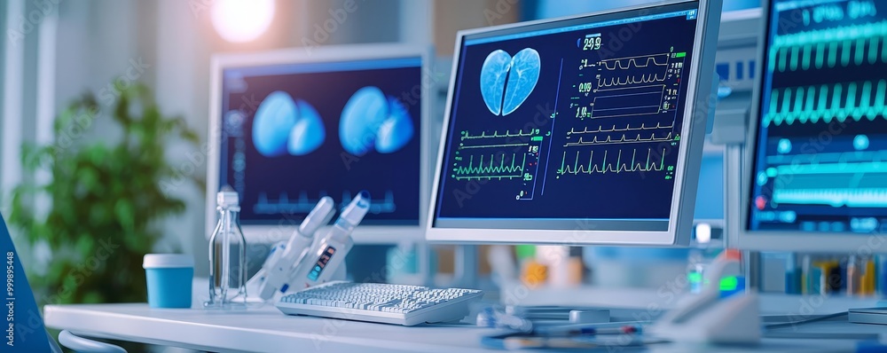 Medical monitors displaying heart data and graphs in a modern ...