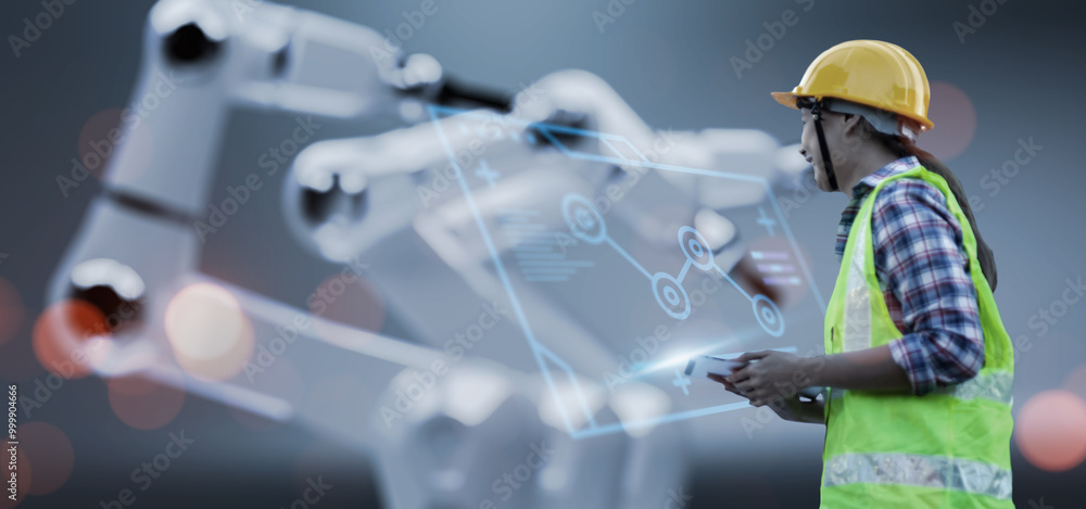 Engineer monitoring robotic AI arms in manufacturing factory plant ...