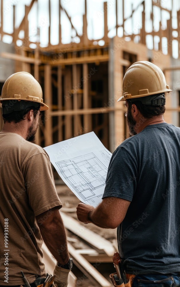 Two construction workers review blueprints at a building site, ensuring designs align with ...