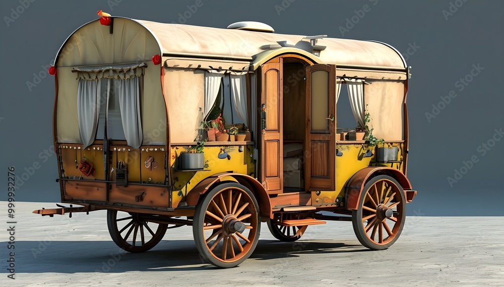 Vintage wooden gypsy caravan parked in solitude, showcasing traditional ...